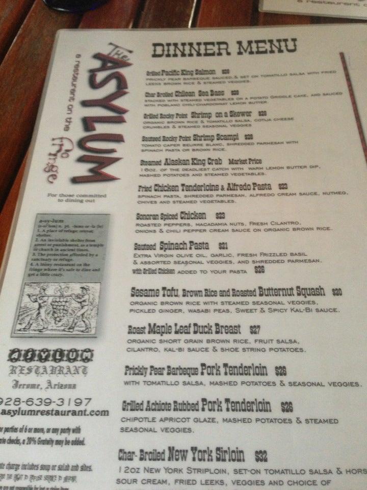 Menu at Asylum Restaurant, Jerome