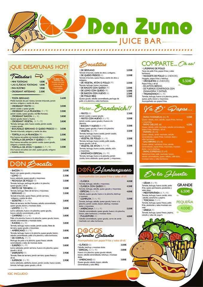 Menu at Don Zumo Green Bar, Playa Honda