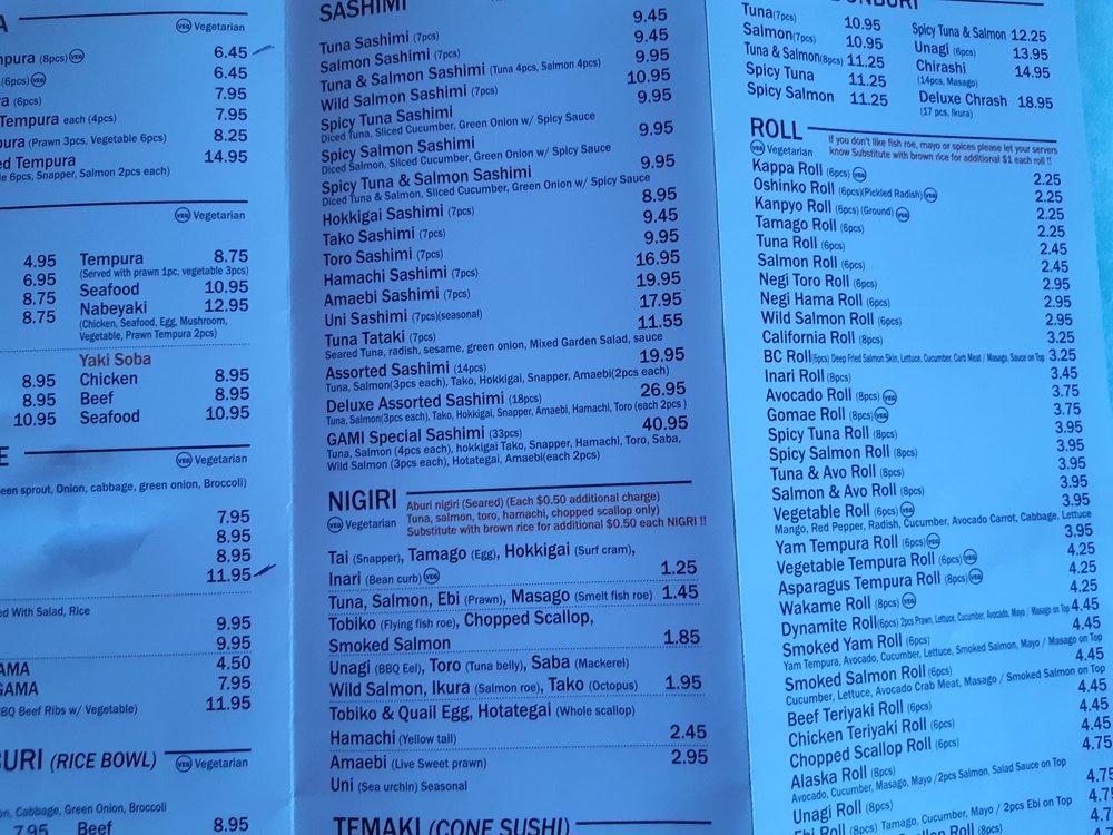 Menu at Gami Sushi restaurant, Richmond, No. 3 Rd #126