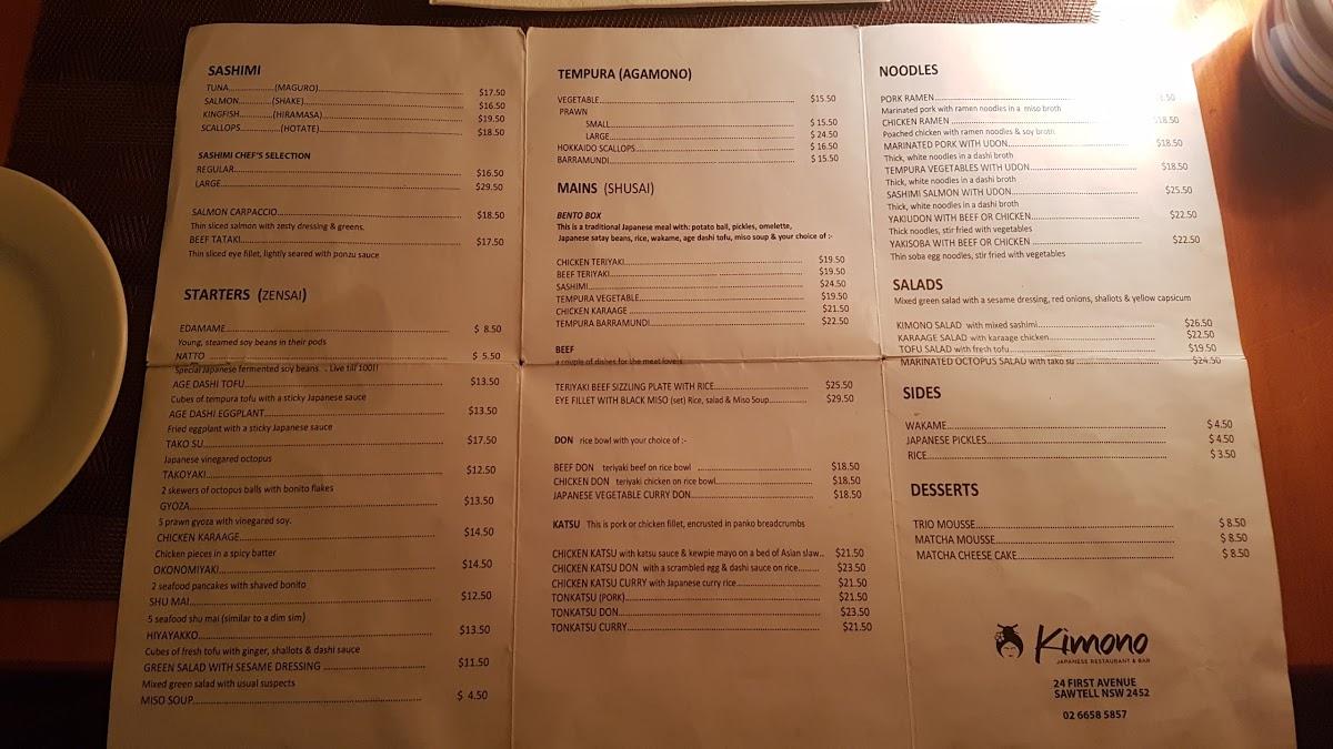 Menu at Kimono restaurant, Sawtell