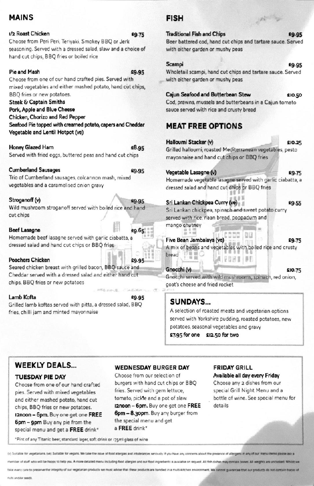 Menu at The Sun Inn pub & bar, Stafford