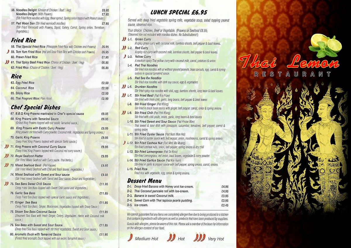 Menu at Thai Lemon restaurant, Pinner