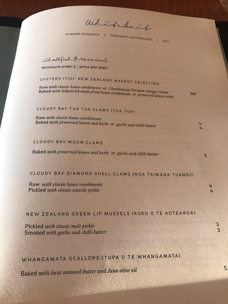 Menu at Whitebait restaurant, Wellington, G04/1 Clyde Quay Wharf