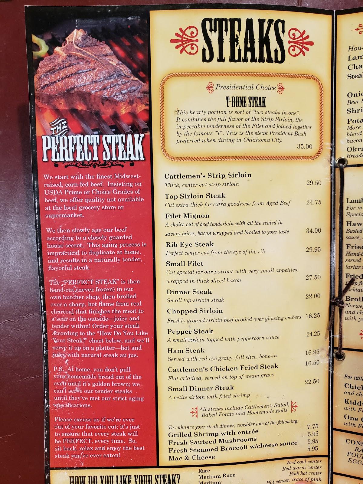 Menu at Cattlemen's Steakhouse, Oklahoma City