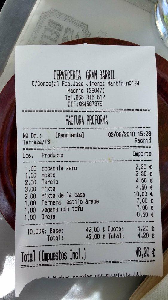 Menu at Cafeteria Gran Via, Madrid, P.º de los Jesuitas