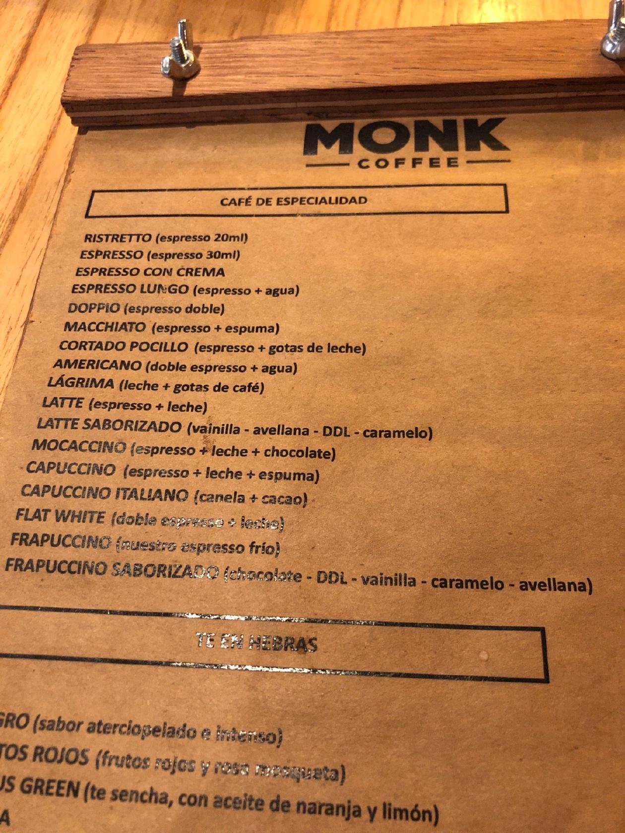 Carta de cafetería Monk Coffee, Bernal