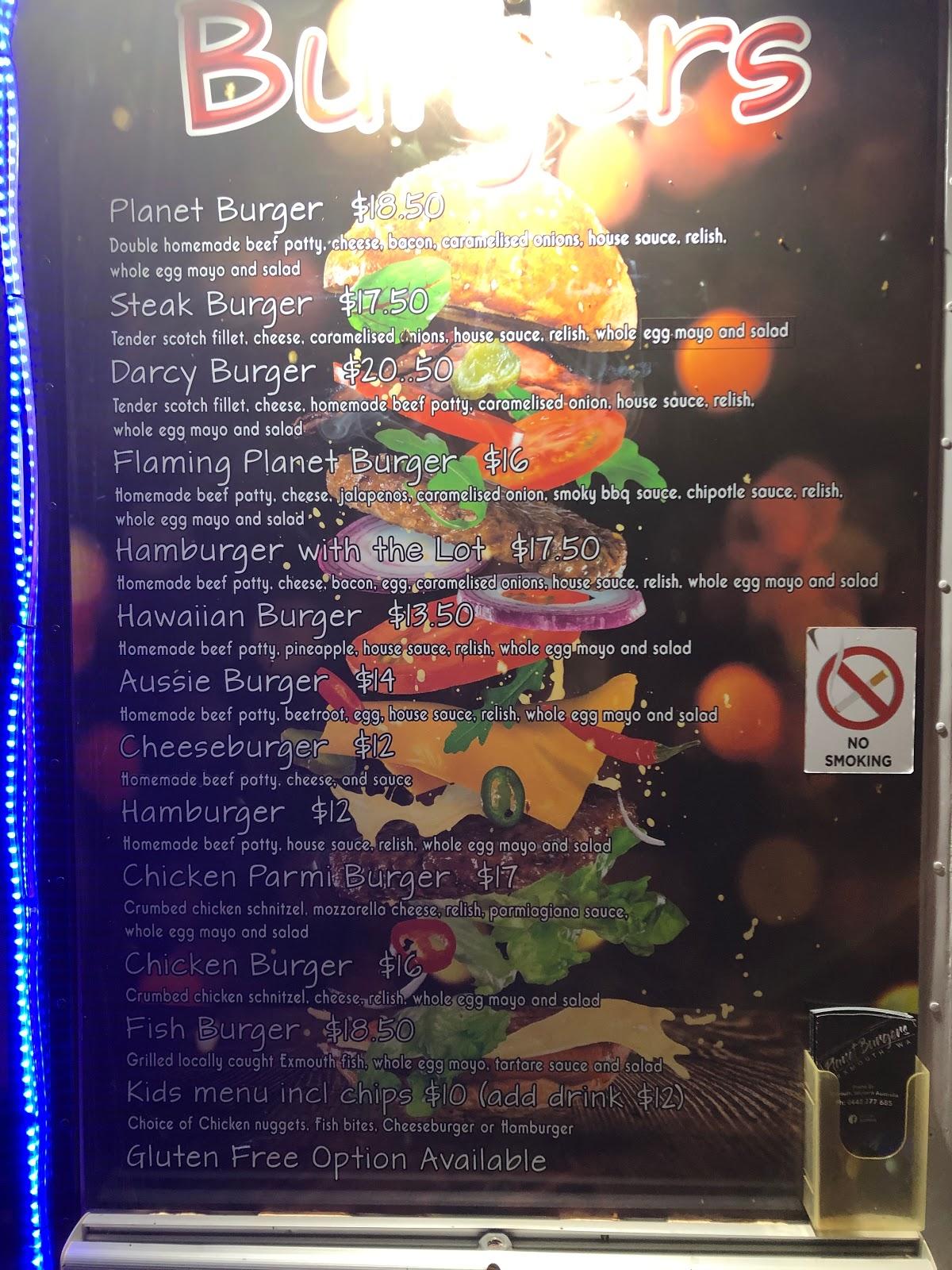 Menu at Planet Burgers Exmouth restaurant, Exmouth