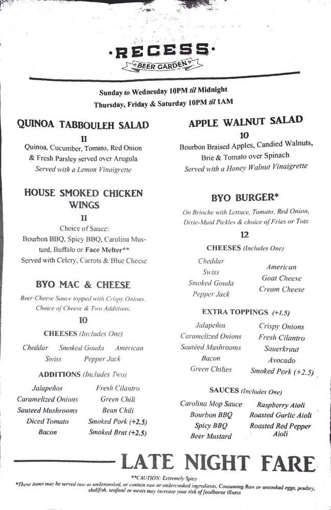 Menu at Recess Beer Garden pub & bar, Denver
