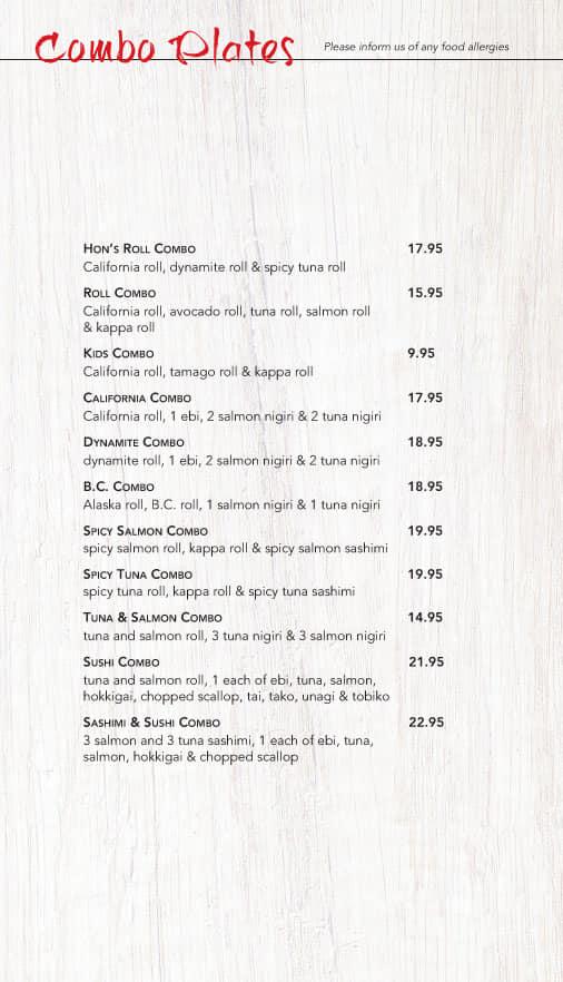 Menu at Sushi Hon restaurant, Sylvan Lake