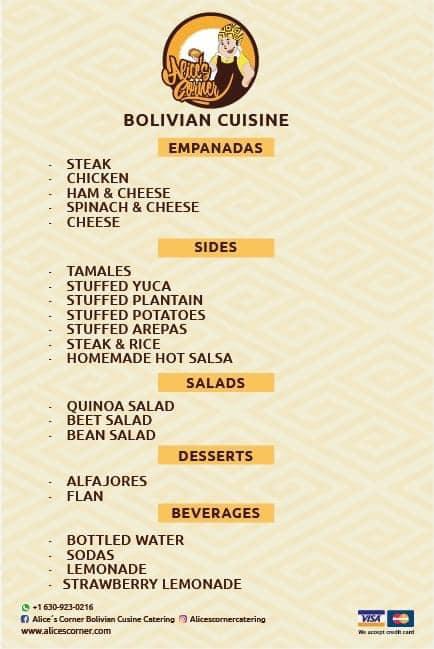 Menu at Alice's Corner Bolivian Cuisine restaurant, Aurora