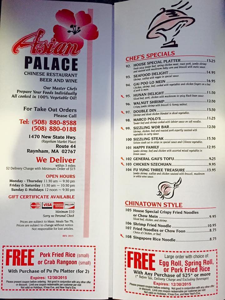 Menu at Asian Palace restaurant, Raynham