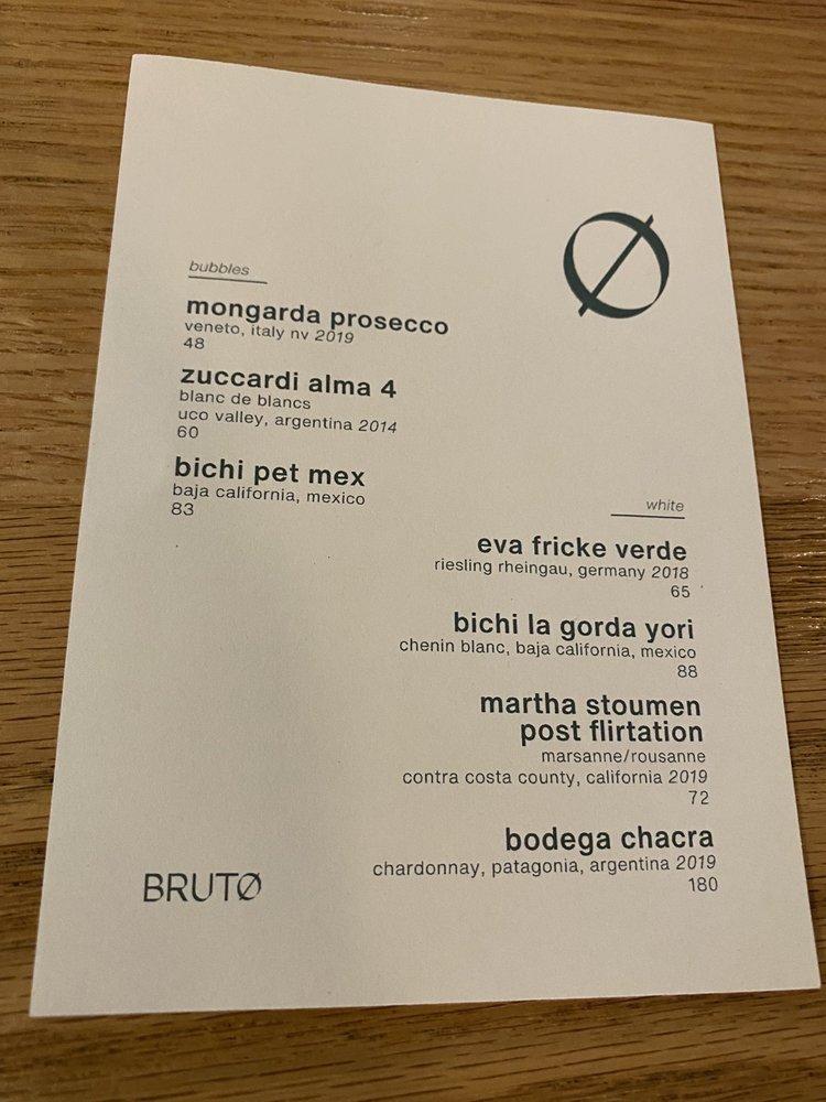 Menu at BRUTO cafe, Denver