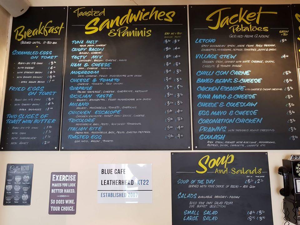 Menu at Blue Cafe, Leatherhead