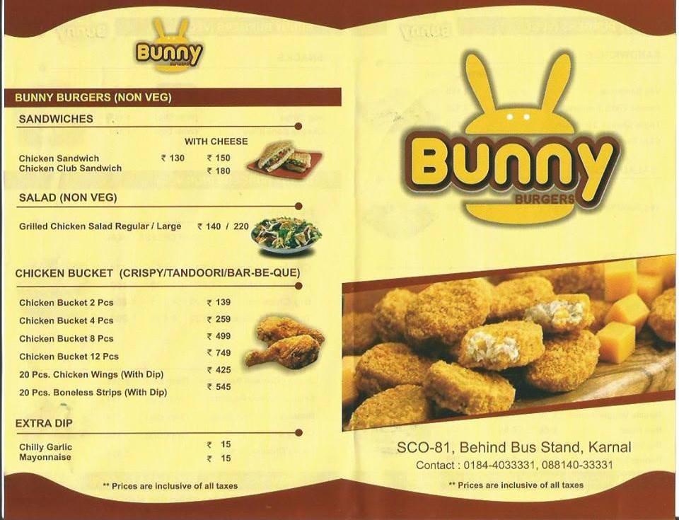 Menu at Bunny Burgers, Karnal