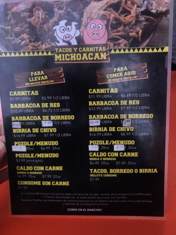 Menu at Carnitas Michoacan restaurant, Pharr