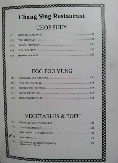 Menu at Chang Sing Restaurant, Moscow