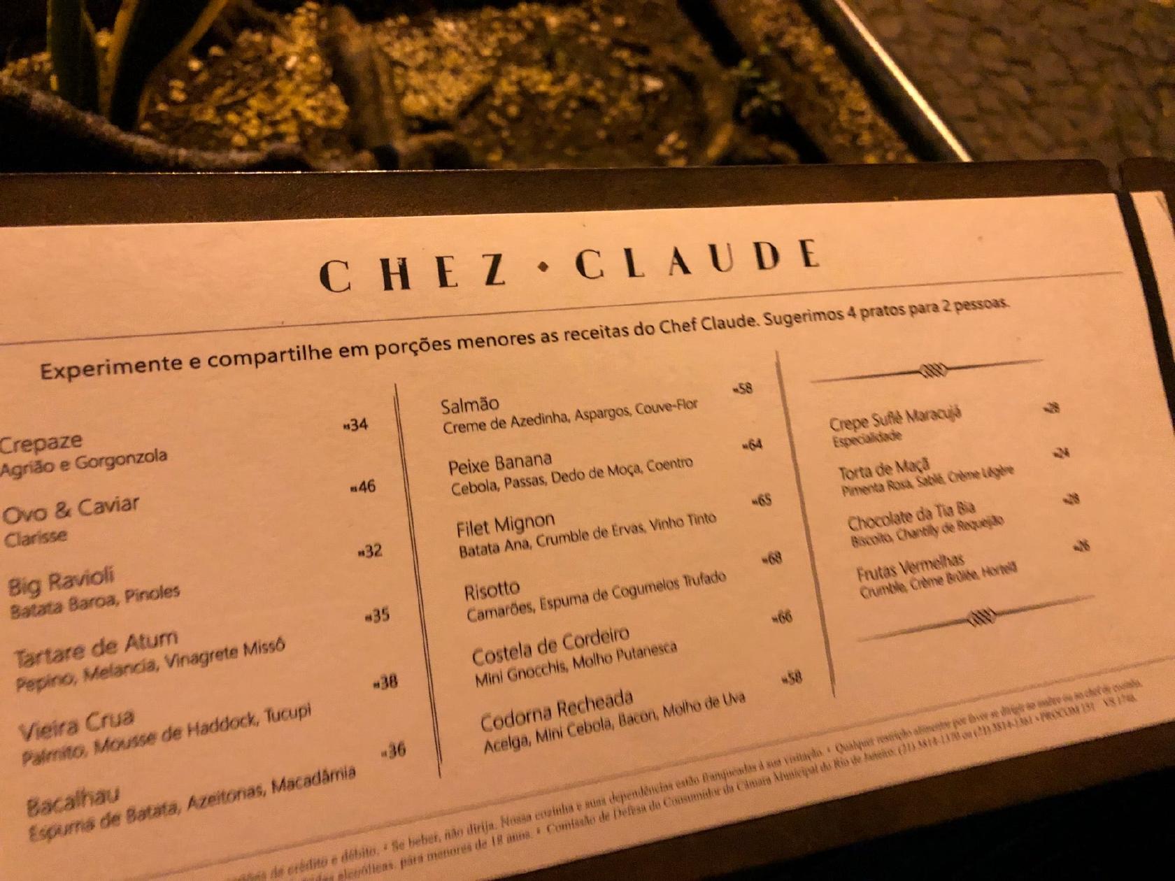 Menu at Chez Claude restaurant, Rio de Janeiro