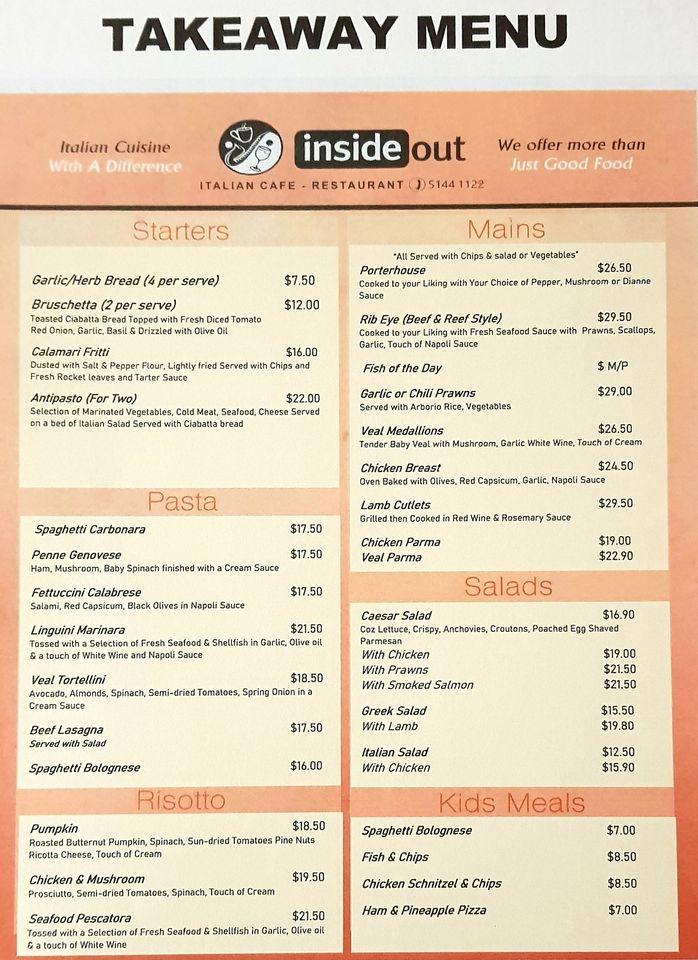Menu at Inside Out restaurant, Sale