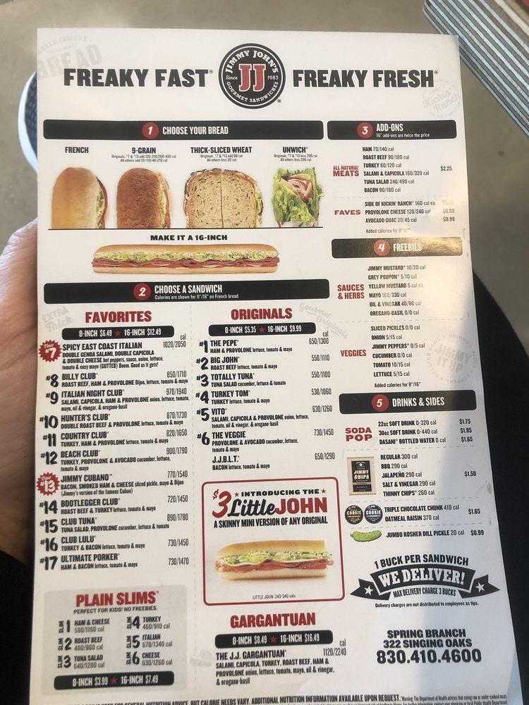 Menu at Jimmy John's restaurant, Spring Branch