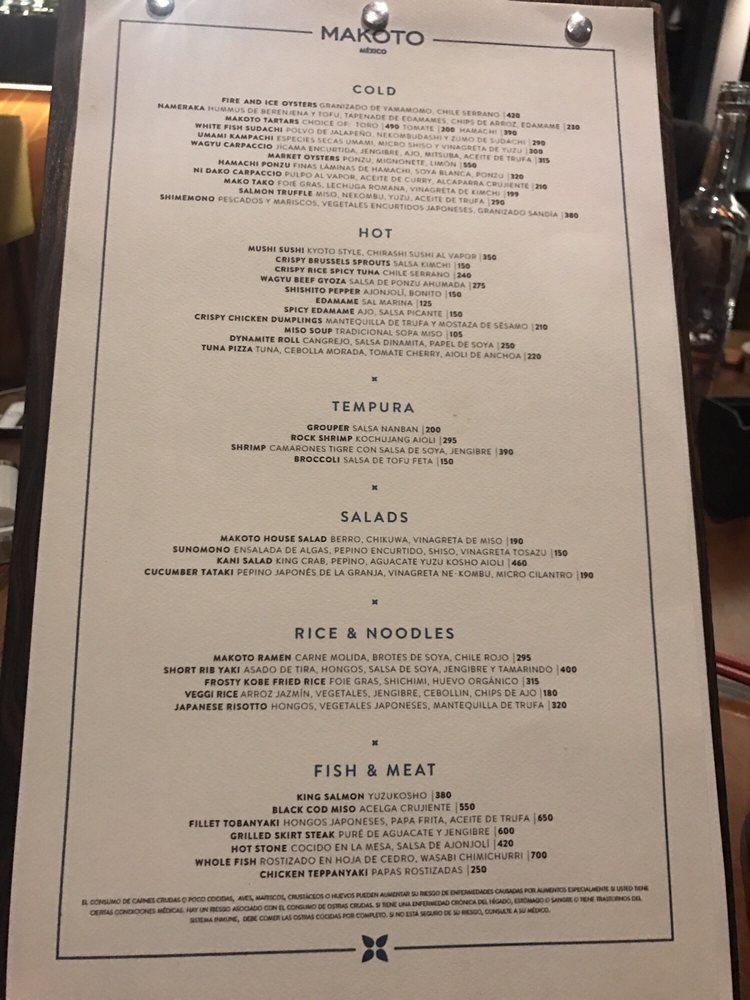 Carta del restaurante Makoto, Ciudad López Mateos