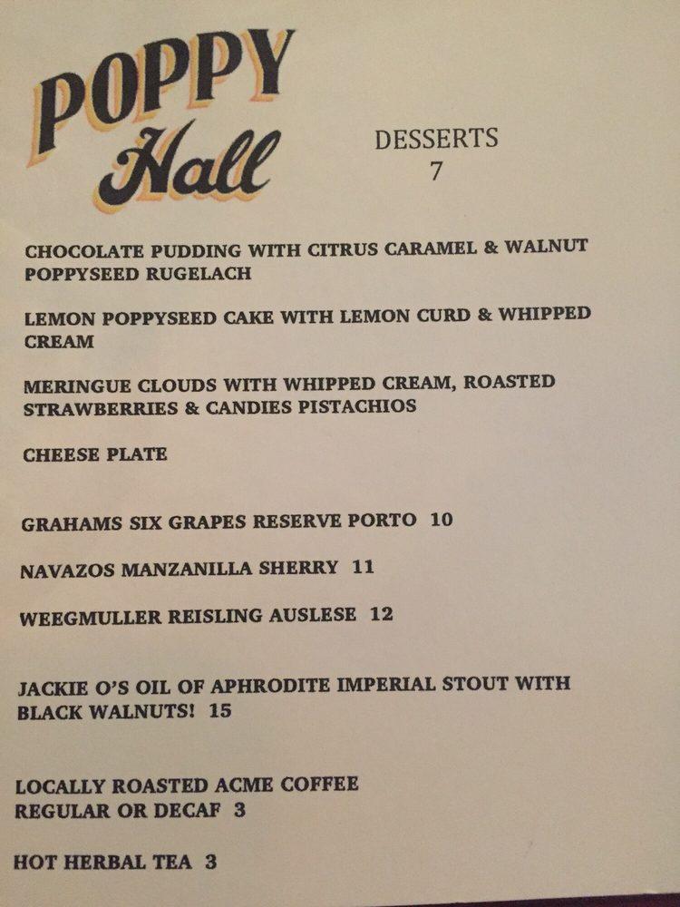Menu at Poppy Hall restaurant, Pacific Grove