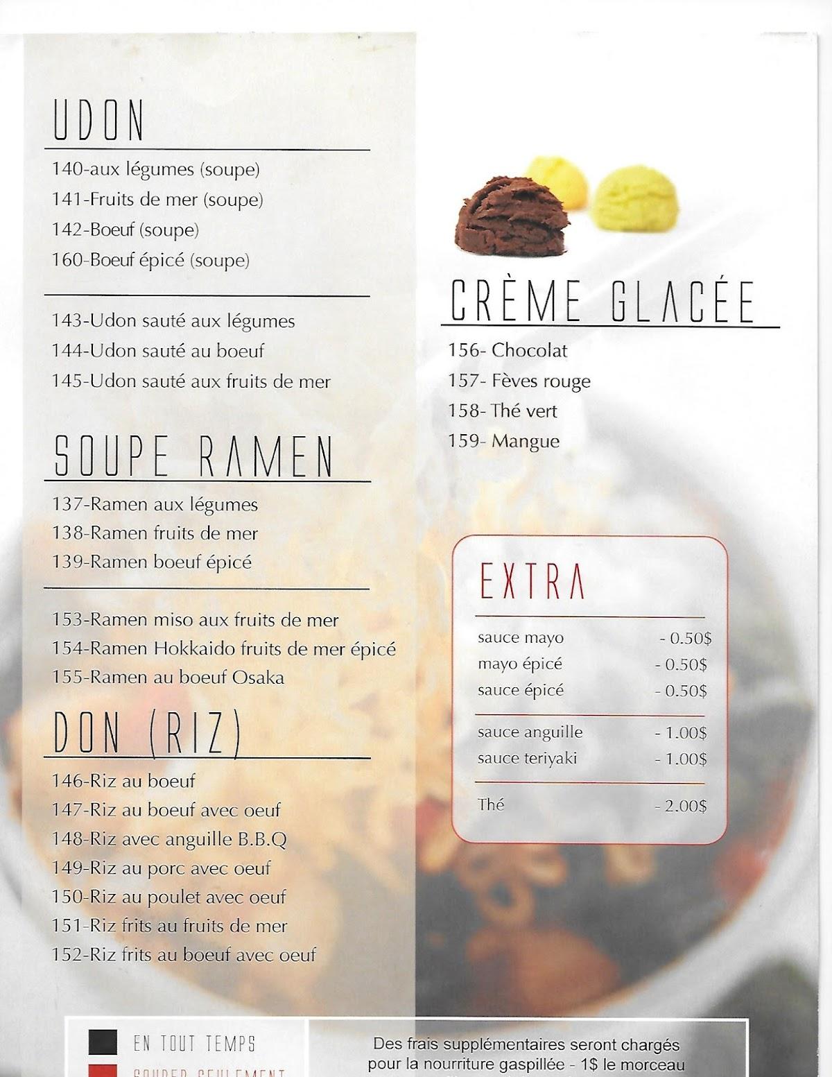 Menu at Sushi Samurai restaurant, Québec City