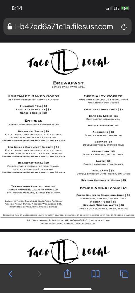 Menu at Taco Local restaurant, Madison