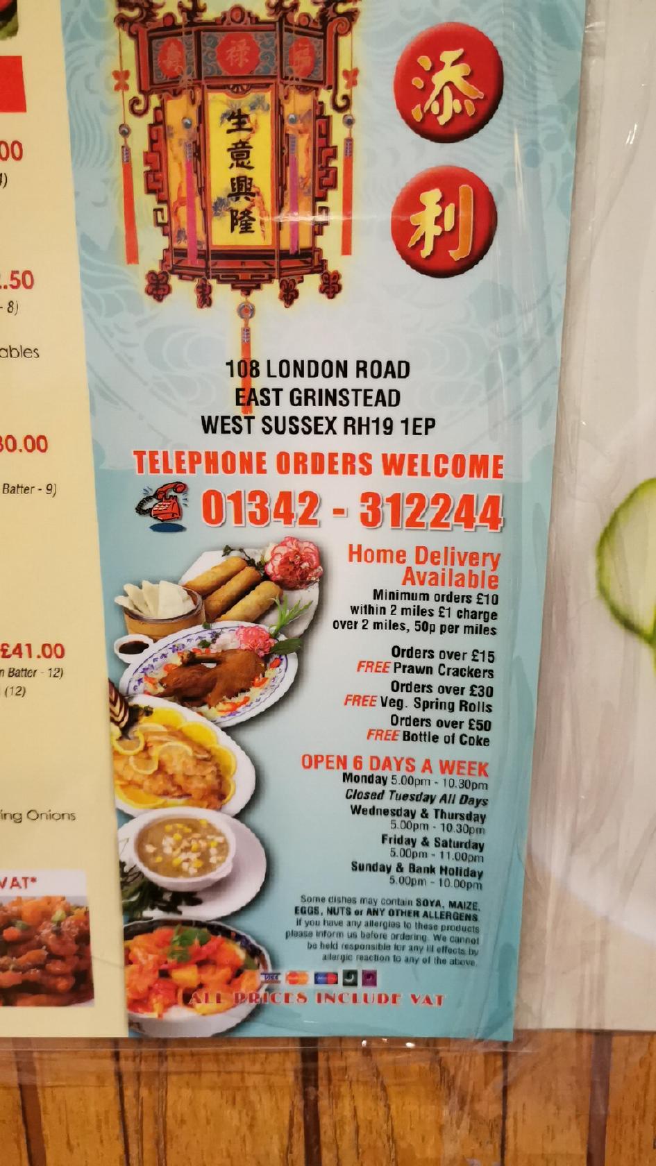 Menu at Tim Ley fast food, East Grinstead