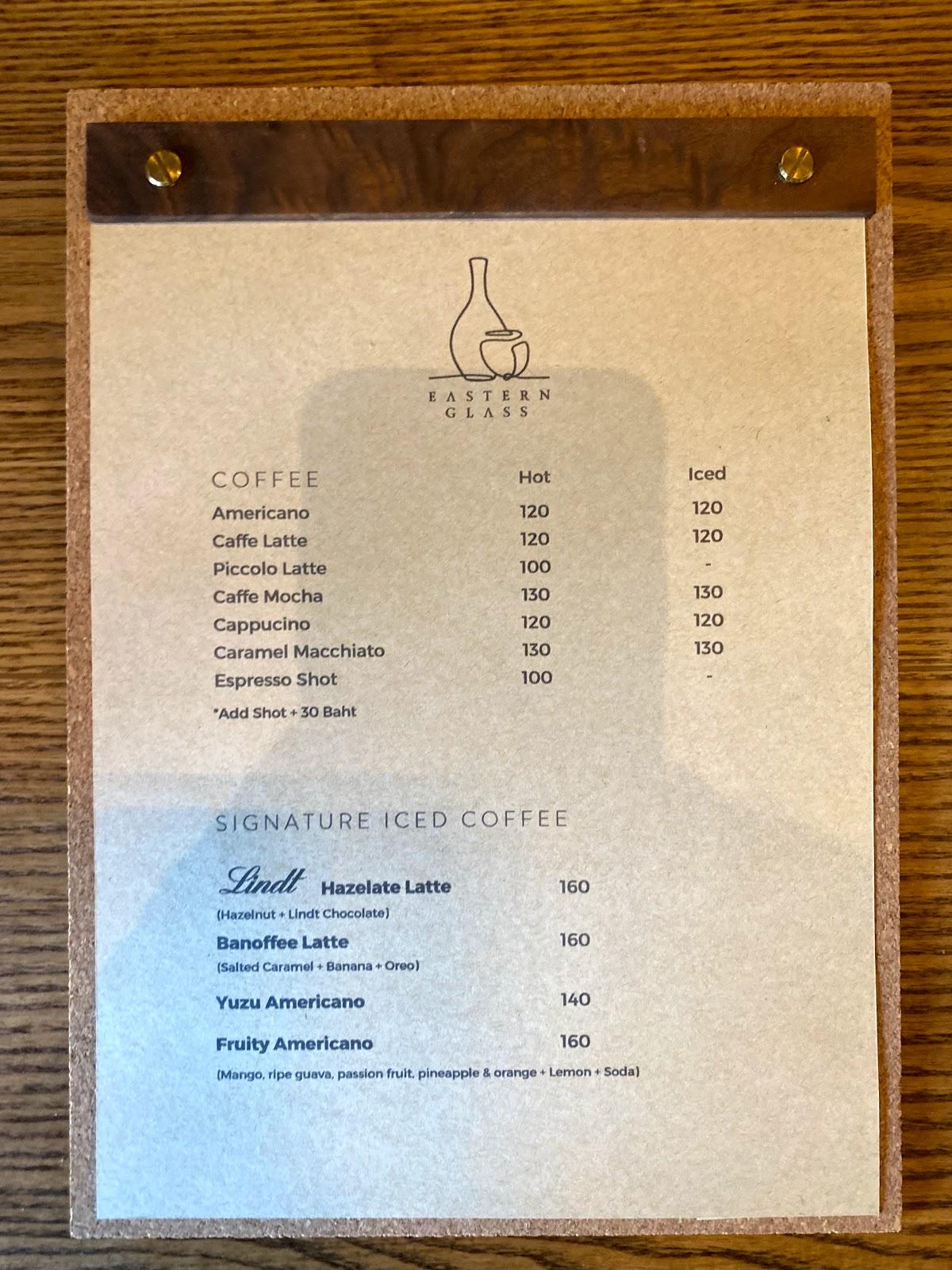 Menu at Eastern Glass Cafe, Bangkok