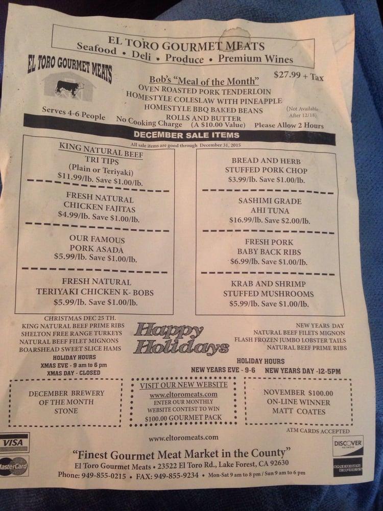 Menu at El Toro Gourmet Meats restaurant, Lake Forest