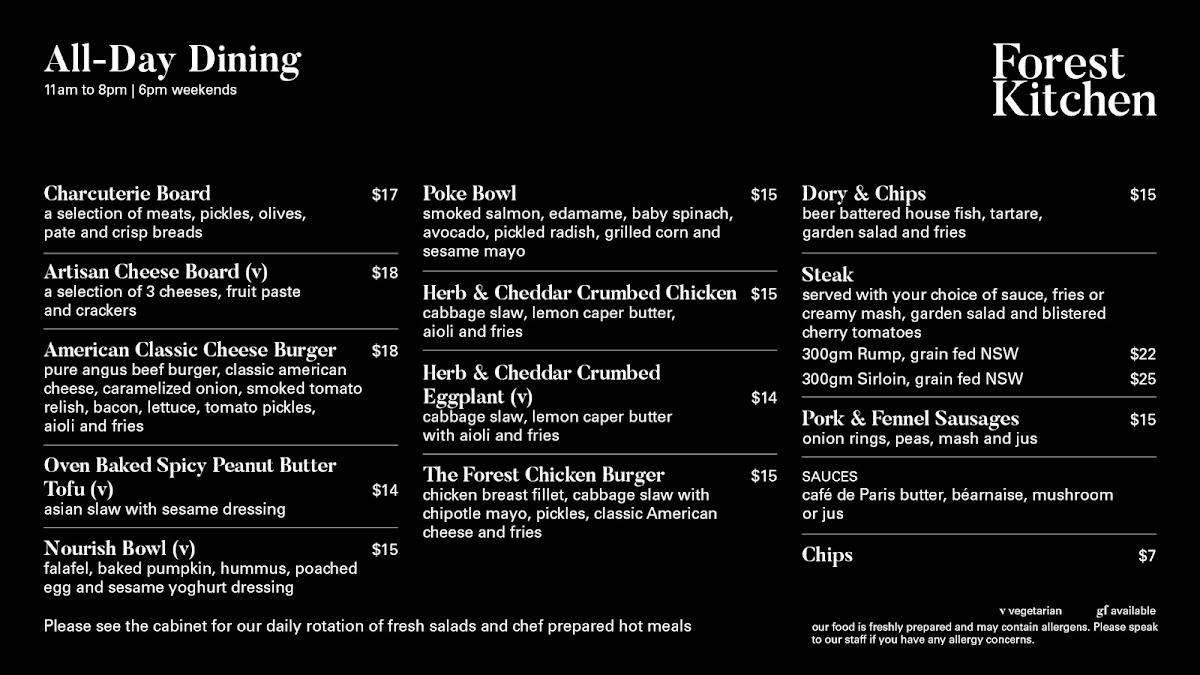 Menu at Forest Kitchen restaurant, Frenchs Forest
