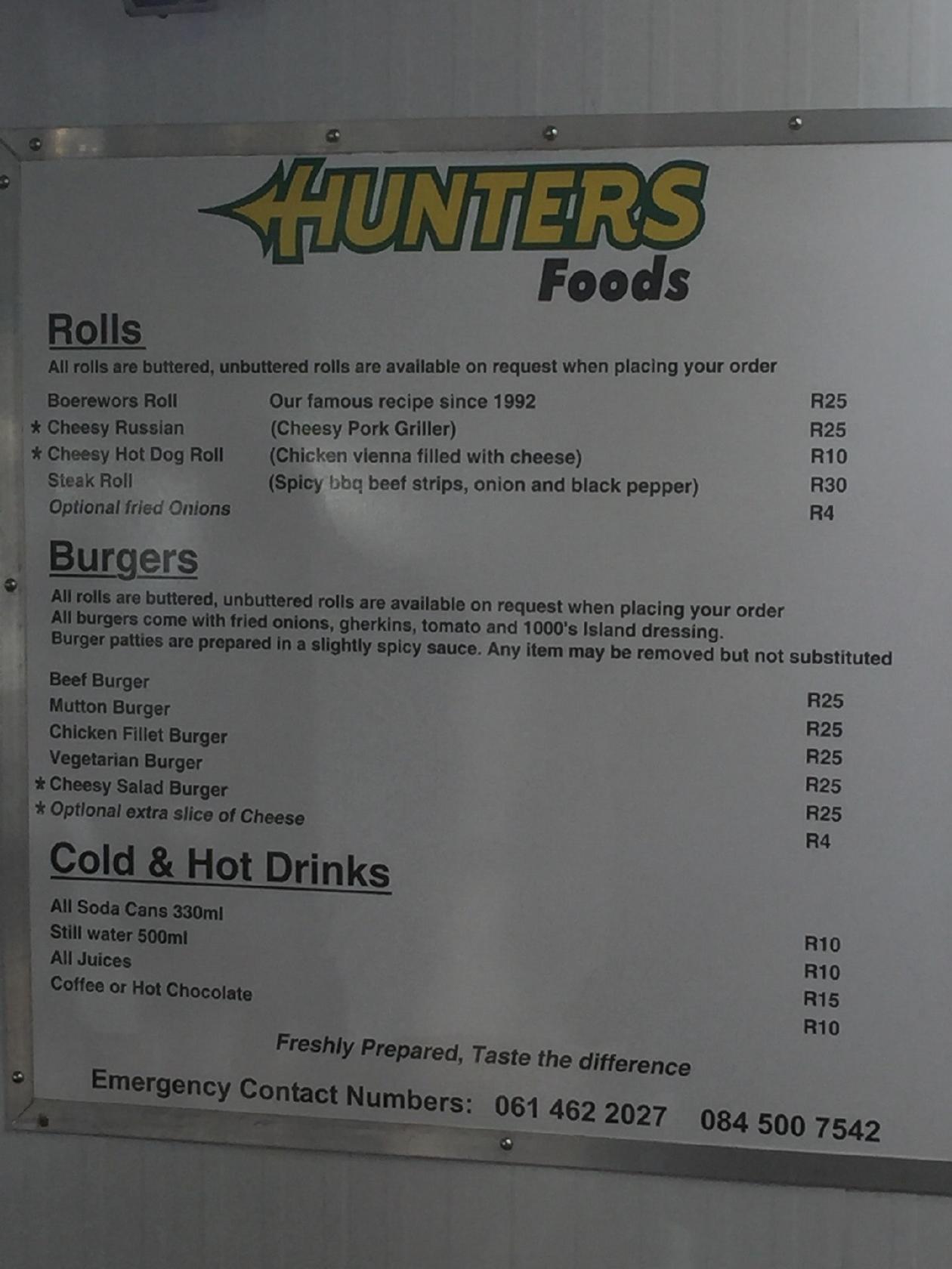 Menu at Hunters Foods – Springfield fast food, Durban
