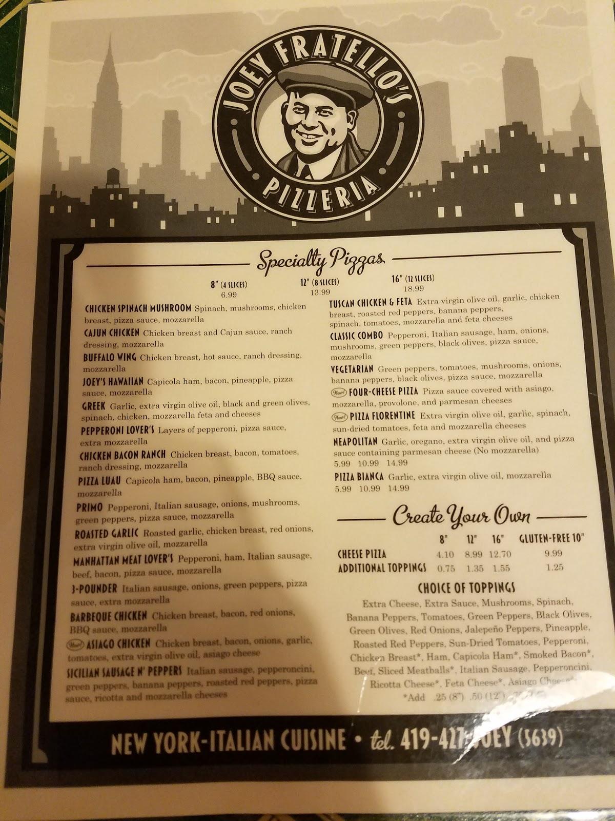Menu at Joey Fratello's Pizzeria, Findlay