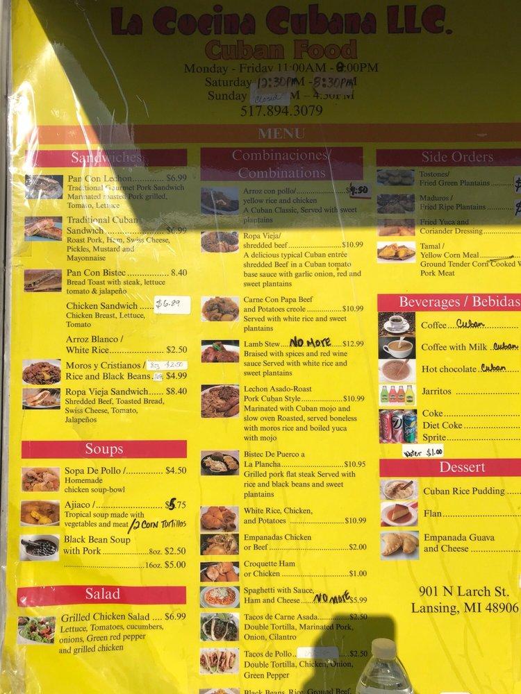 Menu at La Cocina Cubana restaurant, Lansing, 123 S Washington Square