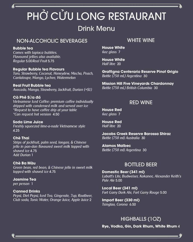 Menu at Pho Cuu Long Restaurant, Winnipeg
