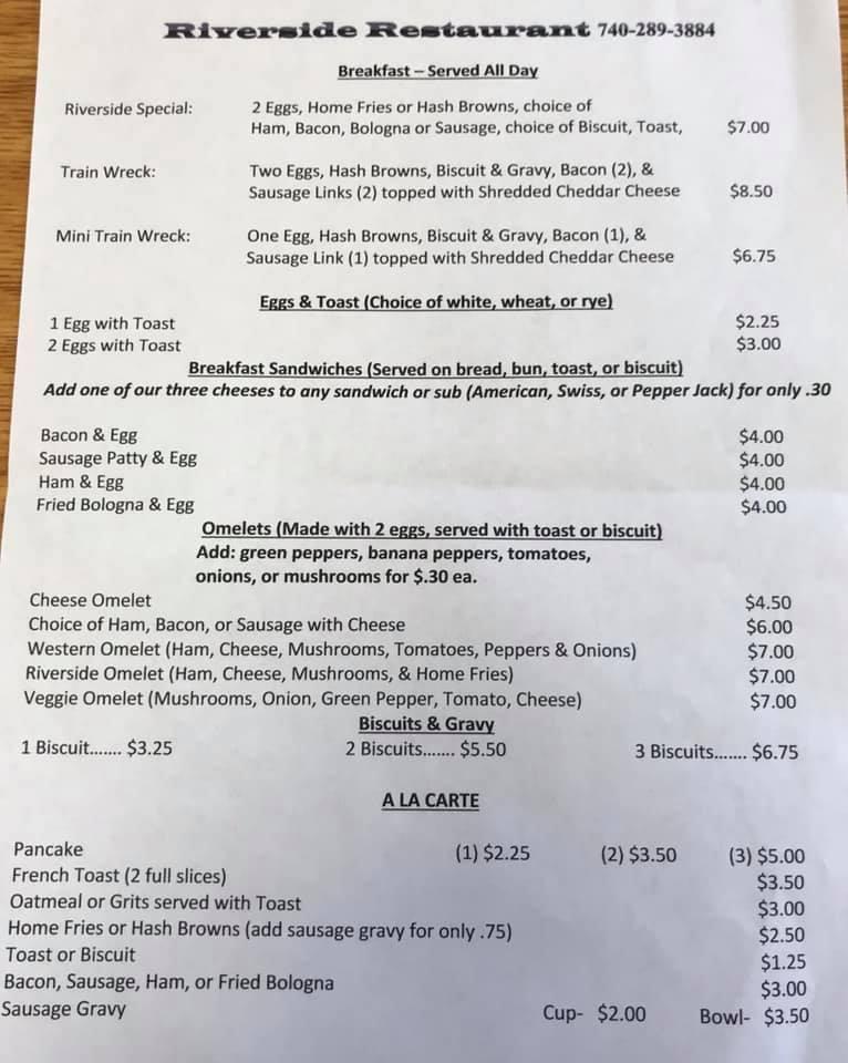 Menu at Riverside Restaurant, Piketon
