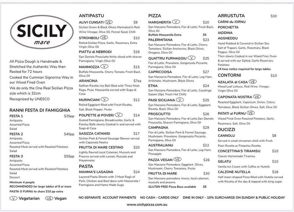 Menu at Sicily Mare Pizzeria, Aldinga Beach