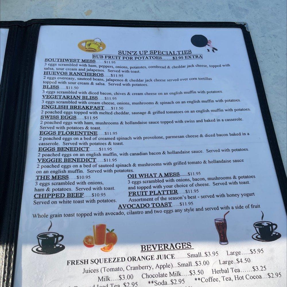 Menu at Sun'z Up Cafe, Wildwood Crest