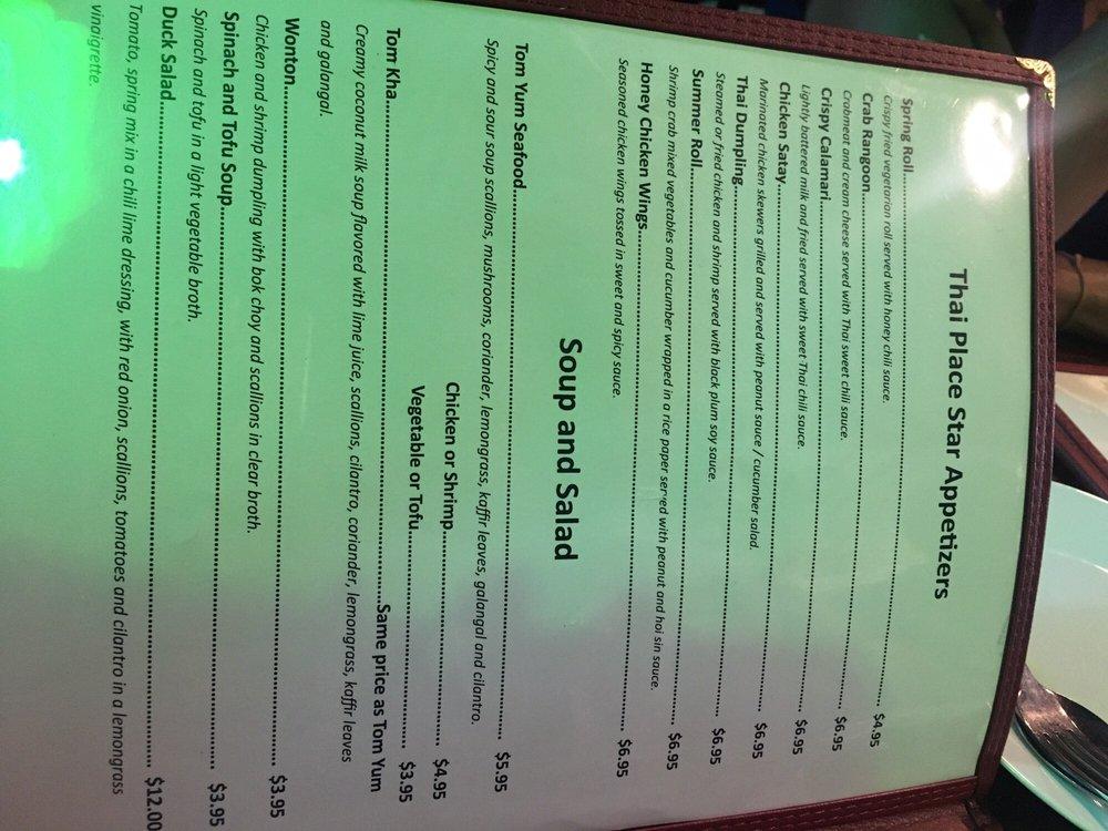 Menu at Thai Place restaurant, Tallahassee
