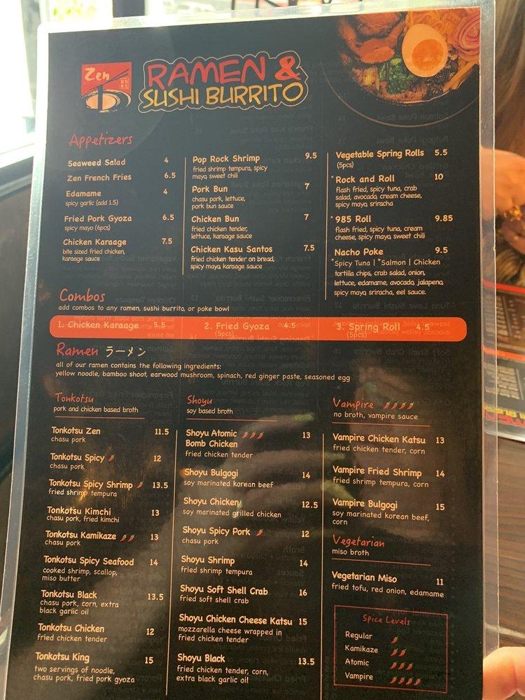 Menu at Zen Ramen and Sushi Burrito restaurant, Cartersville