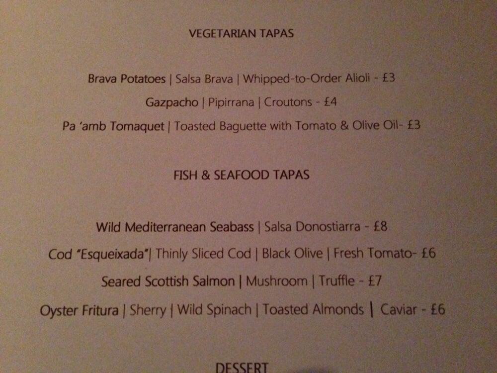 Menu at Bravas Tapas restaurant, London