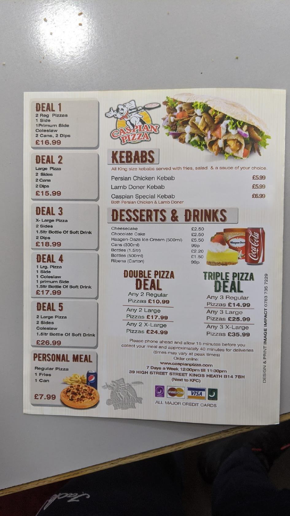 Menu at Caspian Pizza fast food, Birmingham, 39 High St