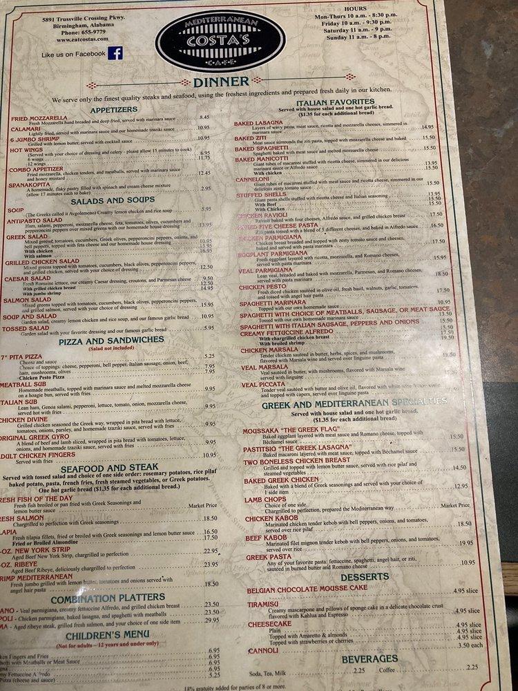 Menu at Costa's Mediterranean Cafe, Birmingham, Trussville Crossings Pkwy