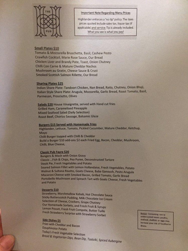 Menu at Highlander Scottish Pub, Collierville