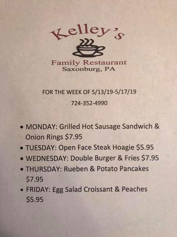 Menu at Kelley's Family Restaurant, Saxonburg, 130 W Main St