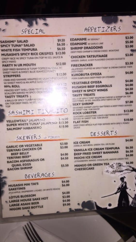 Menu at Musashi Japanese Steakhouse, Las Vegas