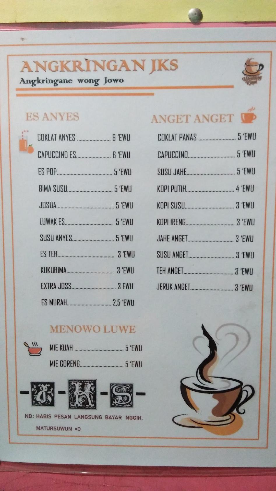 Menu at Angkringan JKS, PS 2 & 3 cafe, Dukuh Dempok