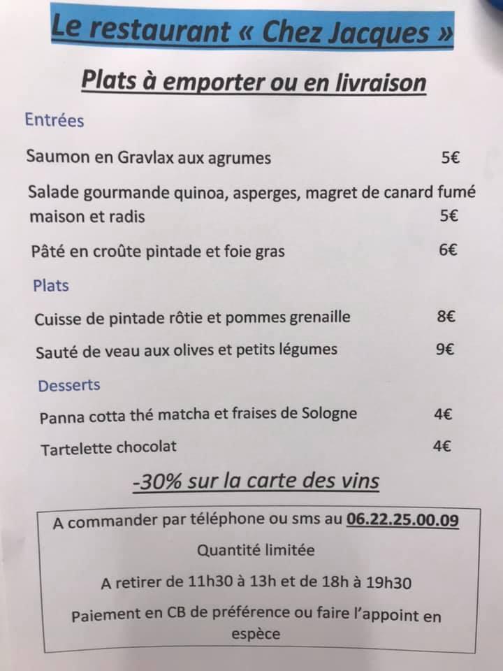 Menu au Chez Jacques pub et bar, Bracieux