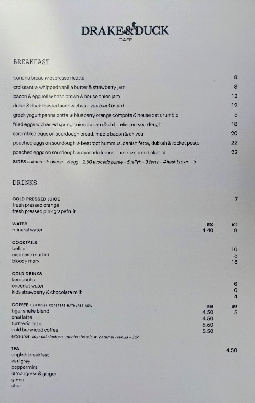 Menu at Drake and Duck Cafe, Bathurst