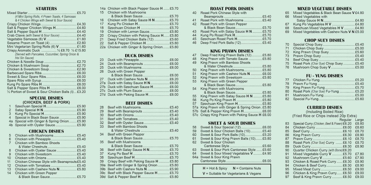 Menu at Evergreen fast food, Coventry
